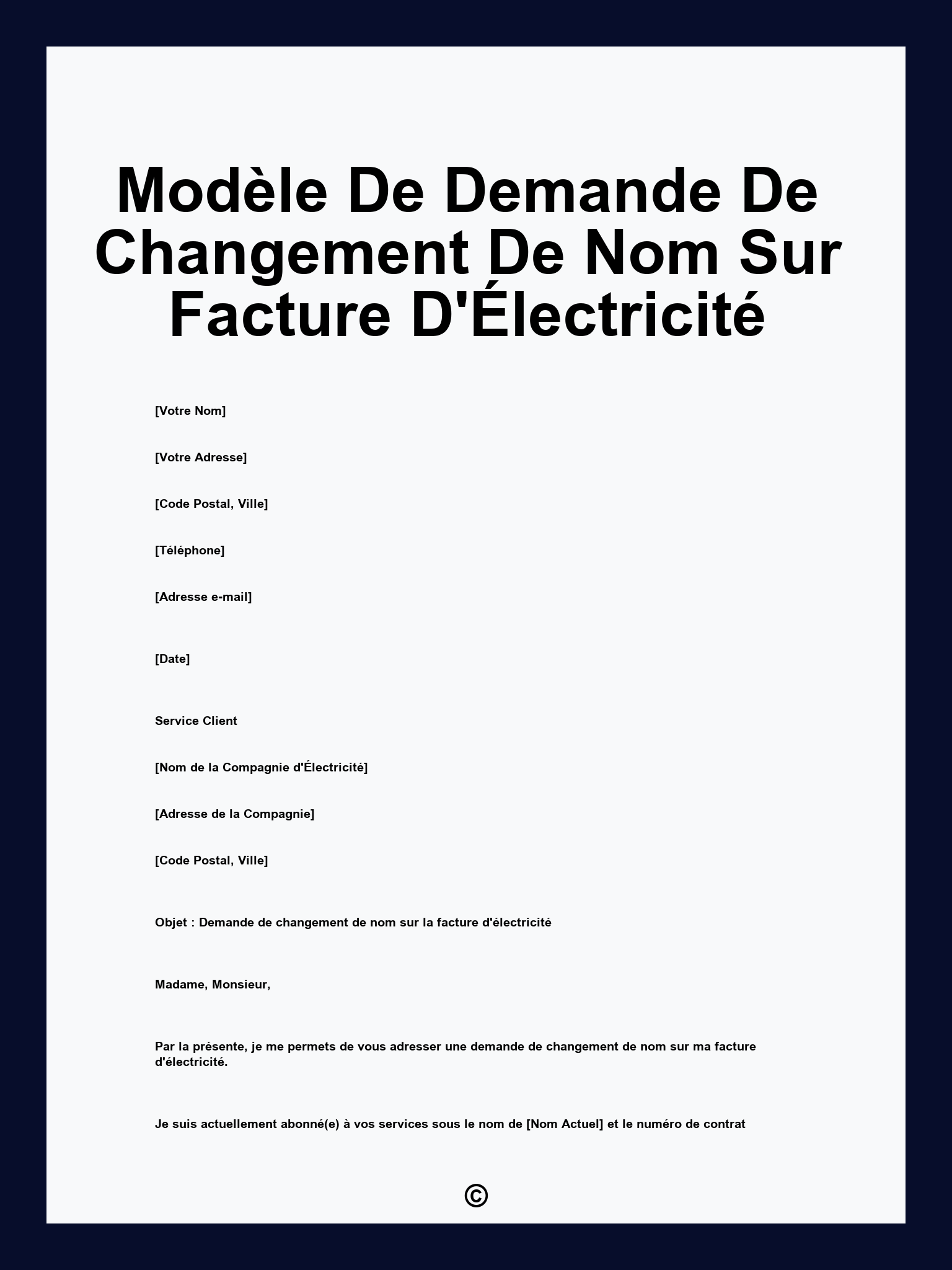 Modèle De Demande De Changement De Nom Sur Facture D'Électricité
